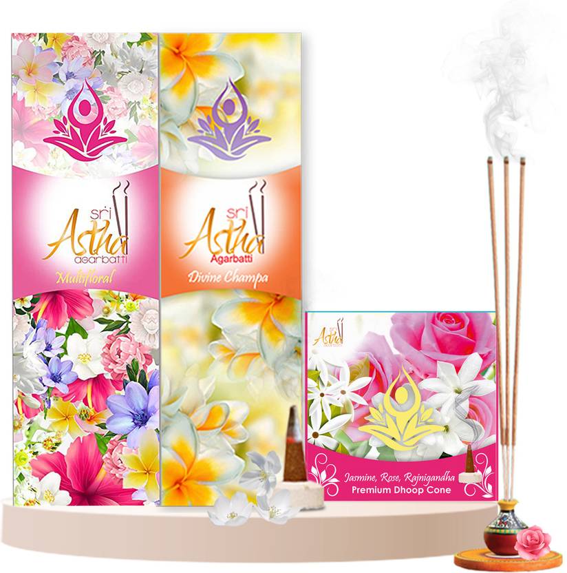 Sri Astha Agarbatti Dhoop Pack(Jasmine,Rose,Rajnigandha-30qty)+2 Sticks ...