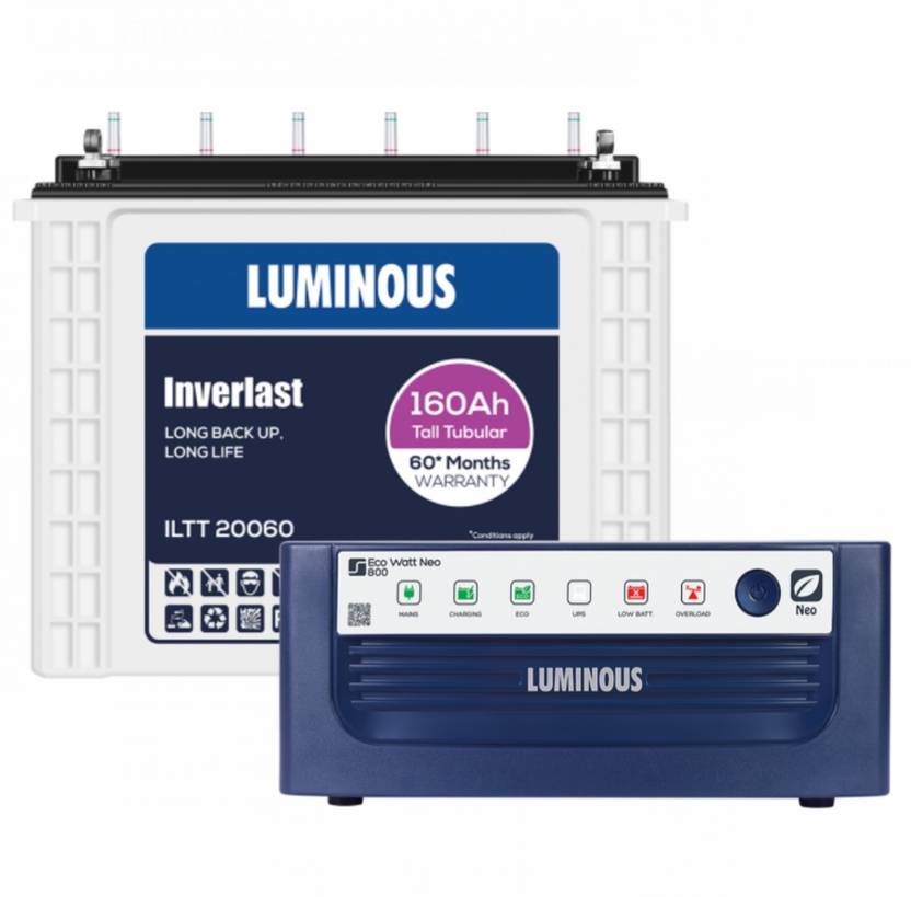 LUMINOUS Eco Watt Neo 800 Inverter with ILTT 20060 Tubular Inverter ...