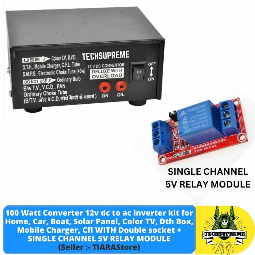 TechSupreme 100W 12V DC to 220 AC Converter & SINGLE CHANNEL 5V RELAY ...