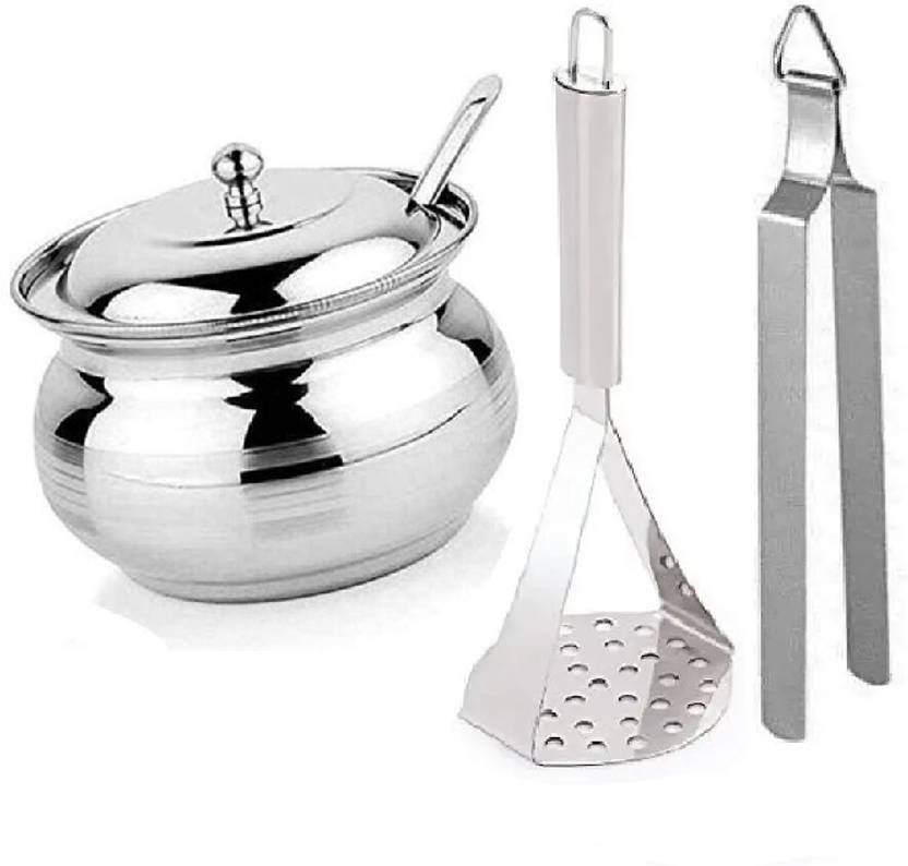 Nbird Stainless Steel Ghee Pot, Steel Big Masher and Steel Roti Chimta ...