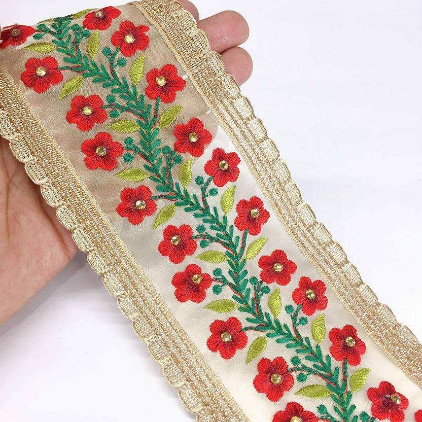 Lami 9 Meter Red Resham Embroidery Border & Gold Lace Piping Lace Reel ...