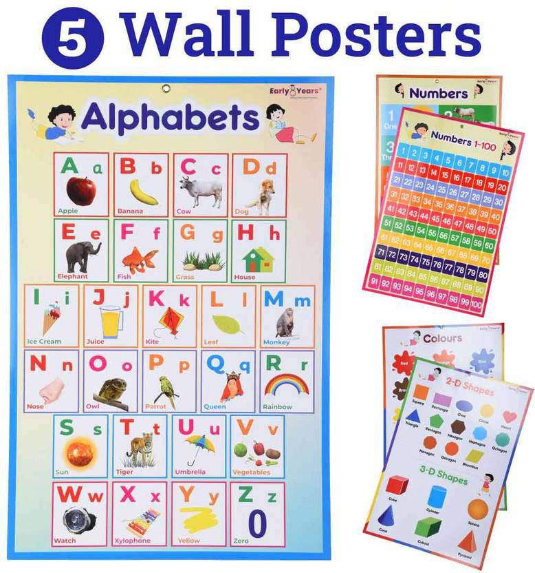 Early8Years Kids 5 Charts, Numbers 1-100, Number Names,Aphabets, Shapes ...