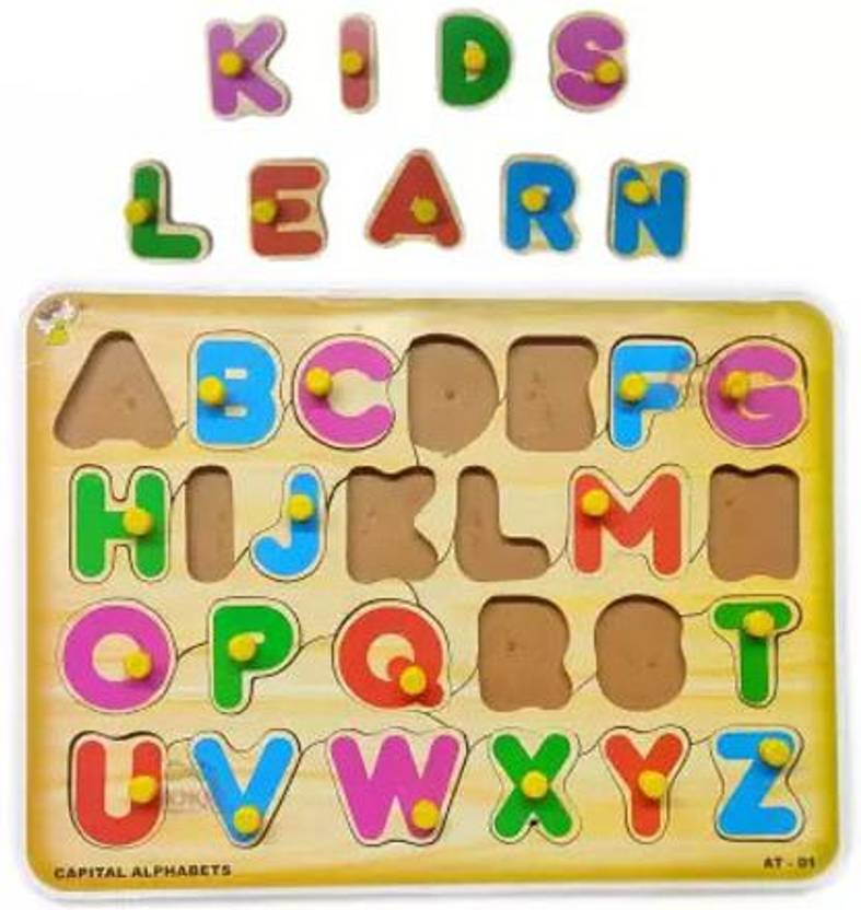 SHALAFI Wooden Alphabet Upper Case Puzzles with Knobs for Kids | Multi ...