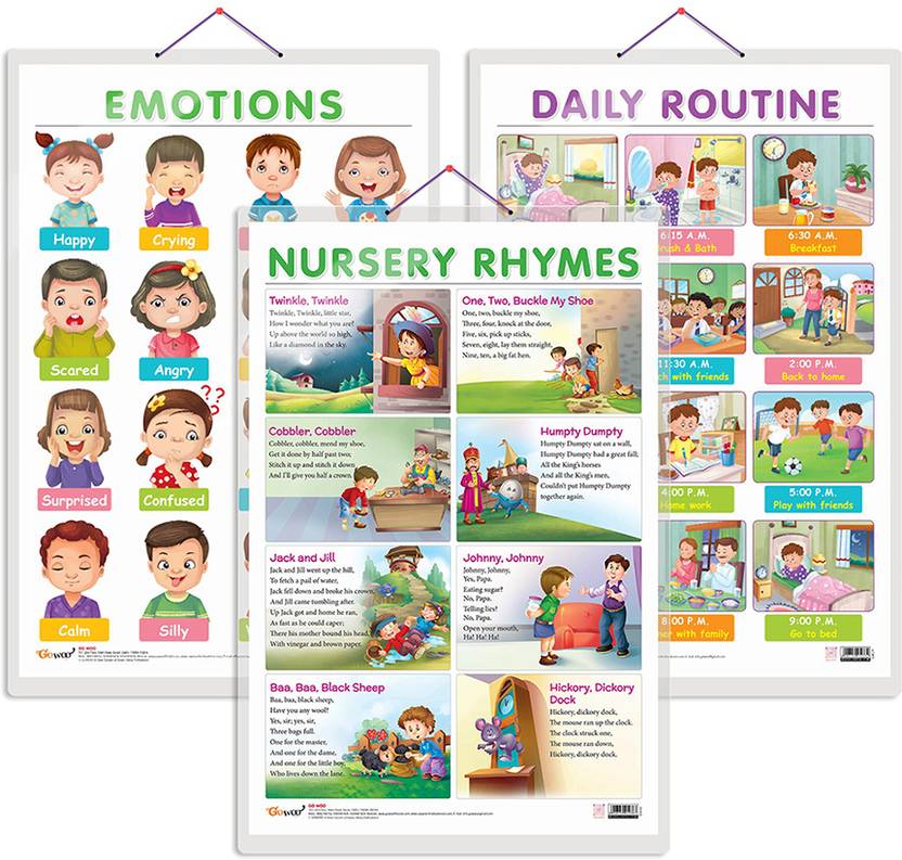 GO WOO Pack of 3 EMOTIONS, DAILY ROUTINE and NURSERY RHYMES charts ...