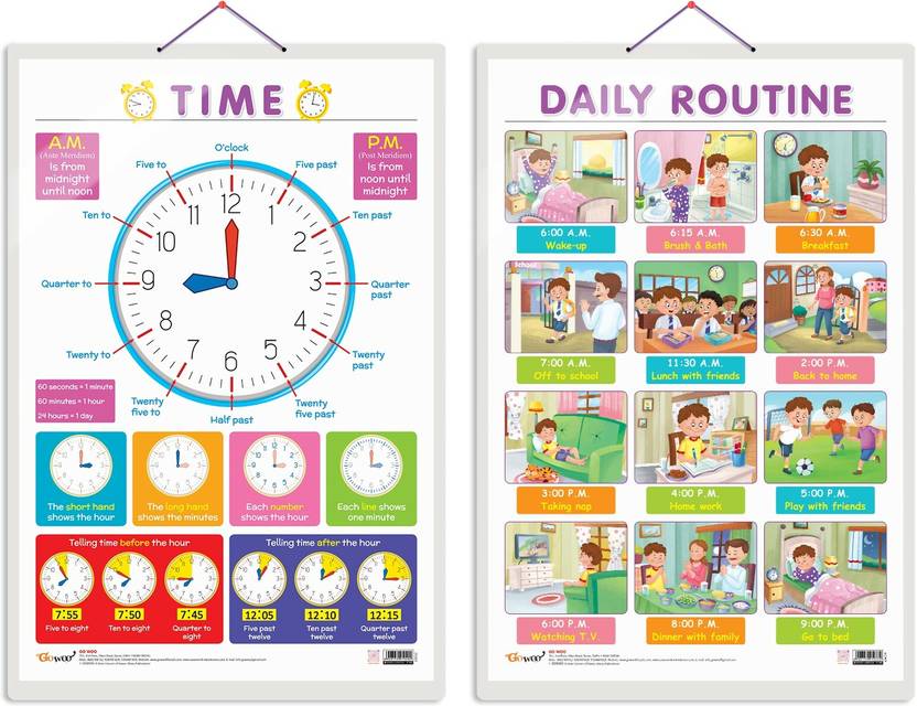 Set of 2 TIME and DAILY ROUTINE Early Learning Educational Charts for ...