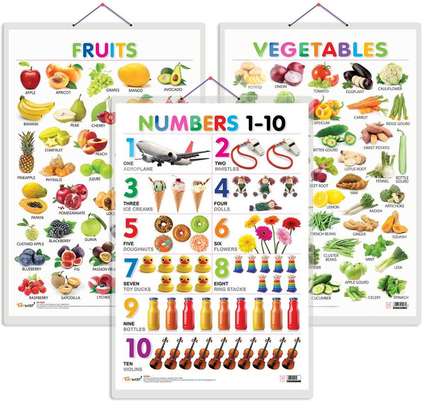 Set of 3 Fruits, Vegetables and Numbers 1-10 Early Learning Educational ...