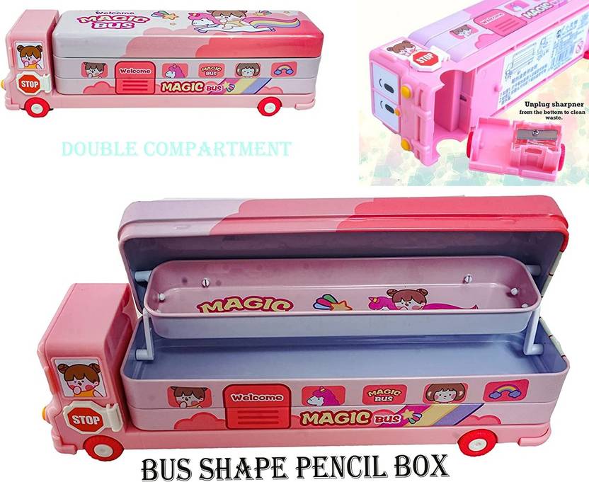 Plus Shine Pen Box School Bus Shaped Pencil Box for Kids with Wheels ...