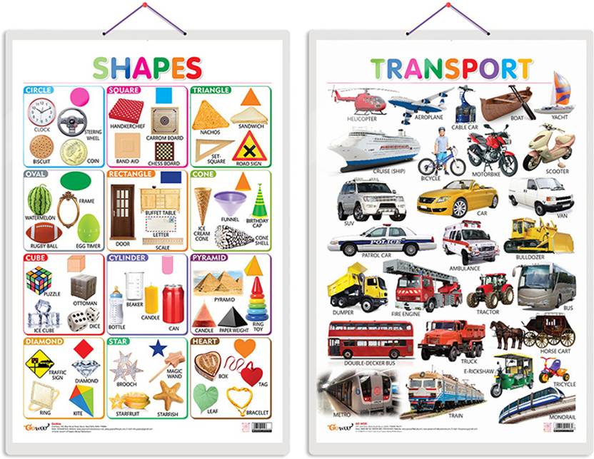 GO WOO Pack of 2 Shapes and Transport Educational charts with ...