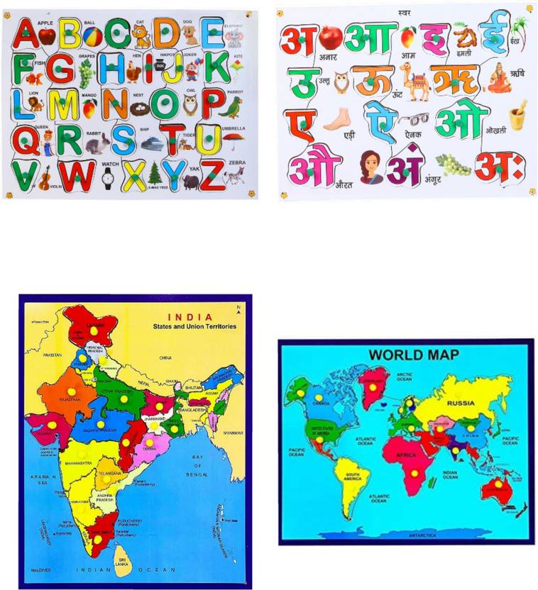 moreyaji Four all Wooden Puzzles ABCD, Vowels, Indian-World Map ...