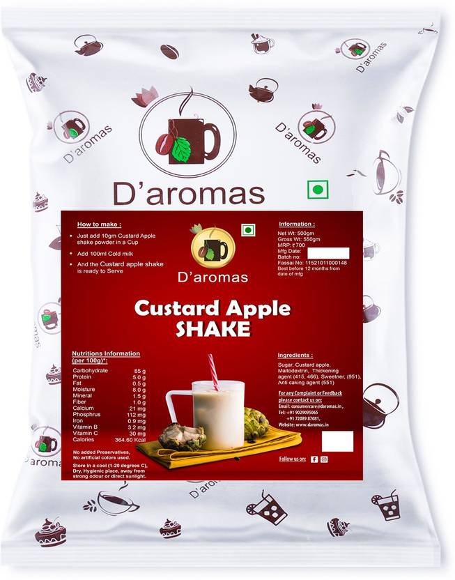 D'aromas Custard Apple Shake Premix, Instant Sitafal Milkshake-500g,for ...