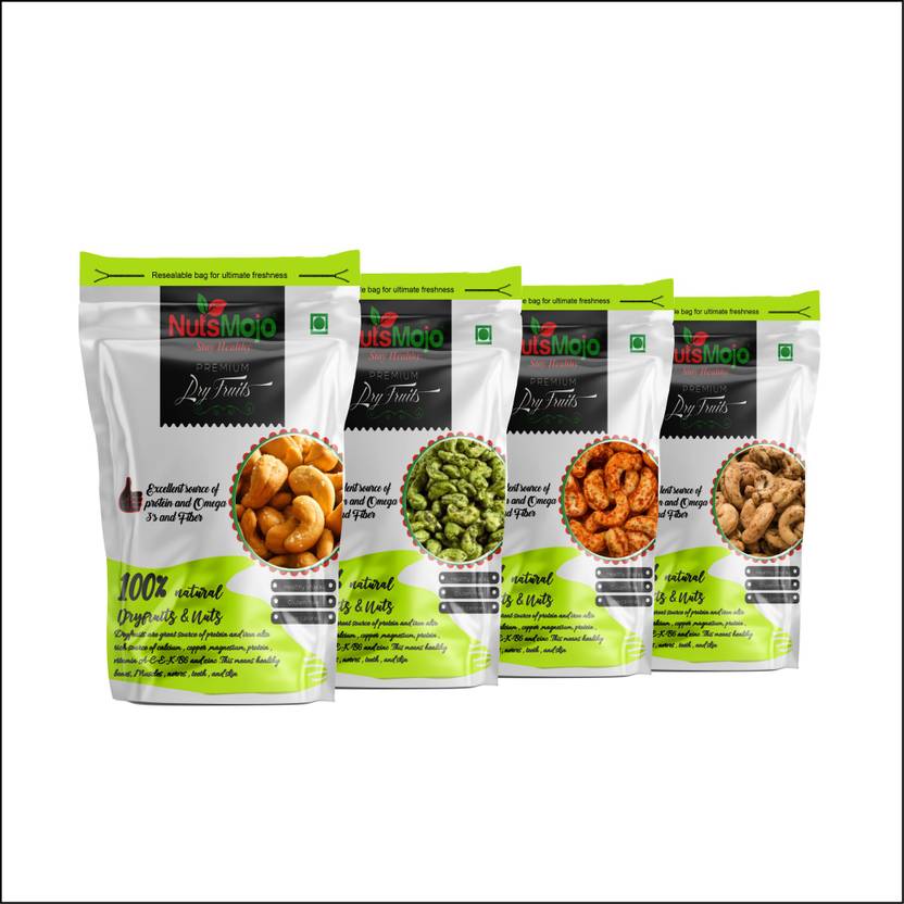 NutsMojo Flavored Roasted Cashews Combo (Salt, Mint, Chili, Pepper- 1 ...