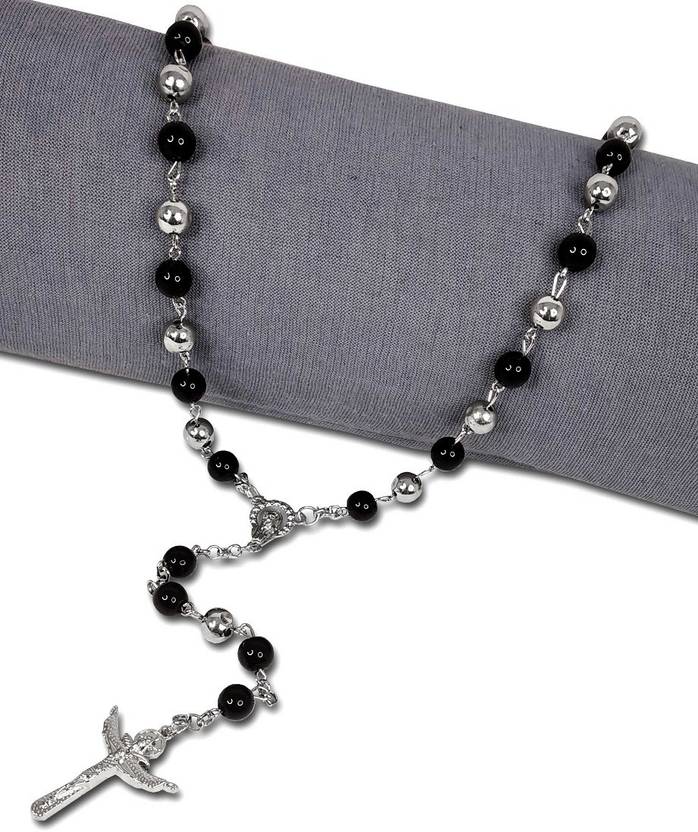 Stylewell 8mm Black & White Stone Rosary Jesus Christ Cross Isa Masih ...