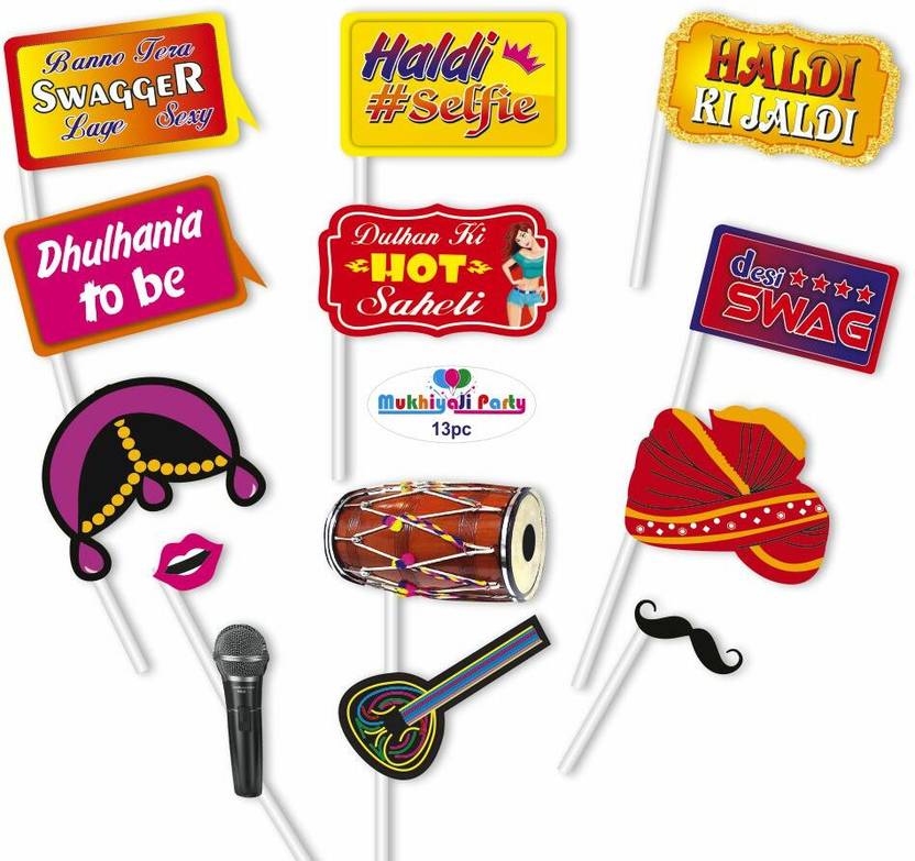 MUKHIYAJI PARTY Haldi Ceremony Selfie Photo Booth Props 13pc Multicolor ...