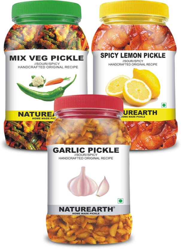 NaturEarth 100% Natural Garlic , Mix-Veg & Spicy lemon Pickle(600 g ...