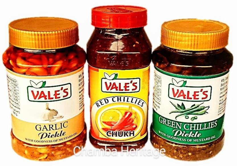 VALE'S Garlic Pickle Red Chukh Green Chillies Tri Pack 1450gms Garlic ...