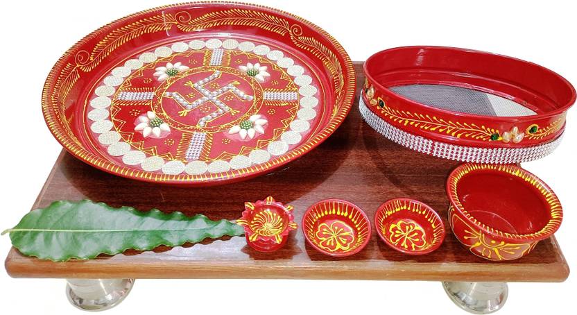 Kedar Karwa Chauth Pooja Thali With Chalni/strainer, Diya, lota (MADE ...