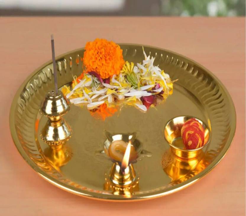 SKSM METALS Brass Pooja Plate with Diya & Agarbati Stand Handcrafted ...