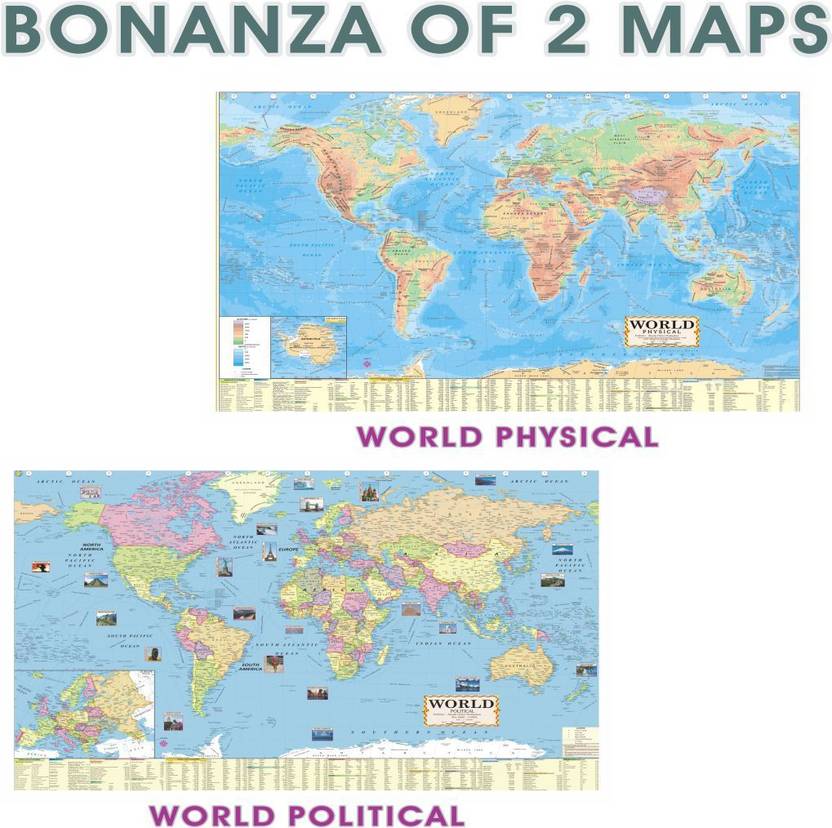 WORLD ENGLISH MAPS (Both Political & Physical) Pack of Set Of 2, Map ...