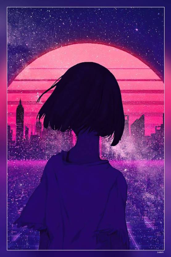 Synthwave Night Sunset Anime Girl Matte Finish Poster P-14869 Paper ...