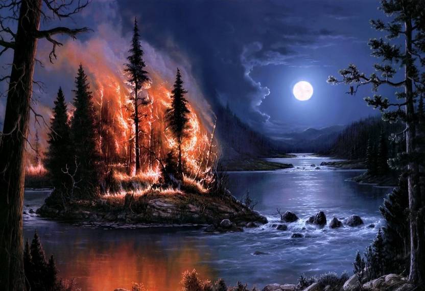 Poster Fire, Full Moon, Night, River, Wood, Island Digital Art sl-14310 ...