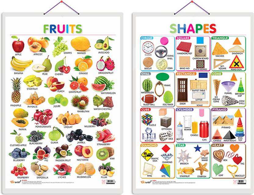 Set of 2 Fruits and Shapes Early Learning Educational Charts for Kids ...
