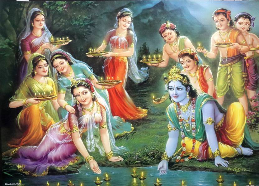 Radha- Krishna Landscape Big Size Thick Paper Modern Art Wall Poster ...