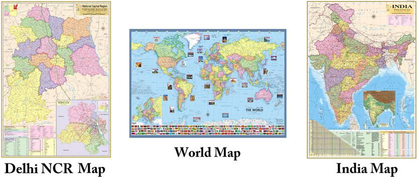 (Combo of 3) India Map, World Map & Delhi NCR (National Capital Region ...