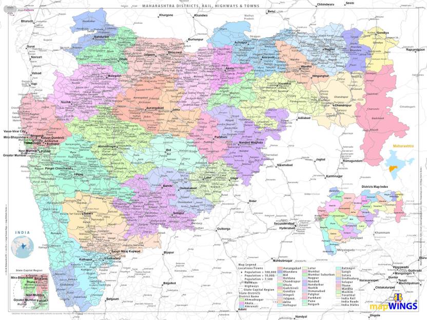 Map of { MAHARASHTRA } with Towns, Highways-Rail and District ...