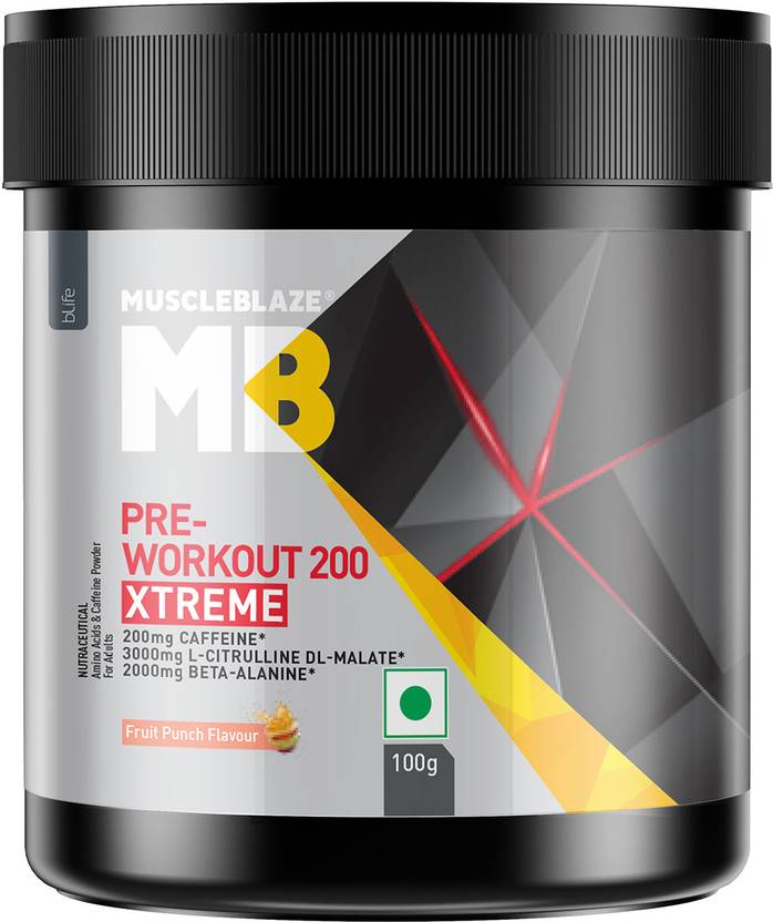 MUSCLEBLAZE Pre Workout 200 Xtreme, 200mg Caffeine, 2000mg Beta Alanine ...