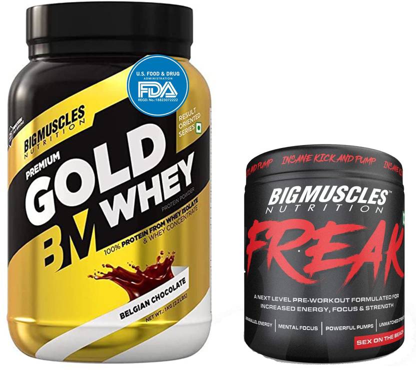 Bigmuscles Nutrition Premium Gold Whey 1kg Belgian Chocolate With Freak Preworkout Sex On The
