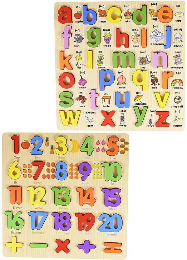 Funwood Games Wooden Small Alphabet & Numbers Puzzles with Pictures ...
