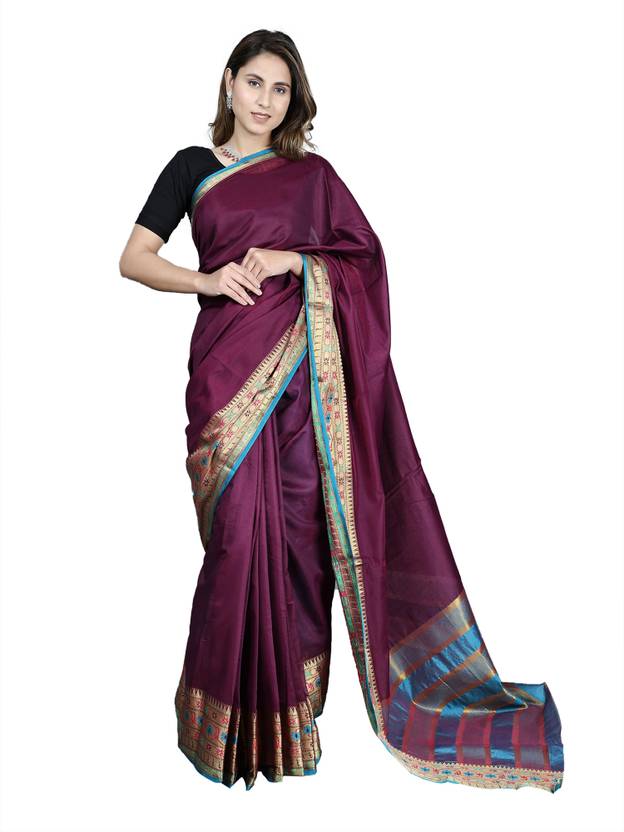 Buy Shree Shyam Saree Sansar Solid/Plain Madhubani Pure Silk Purple ...