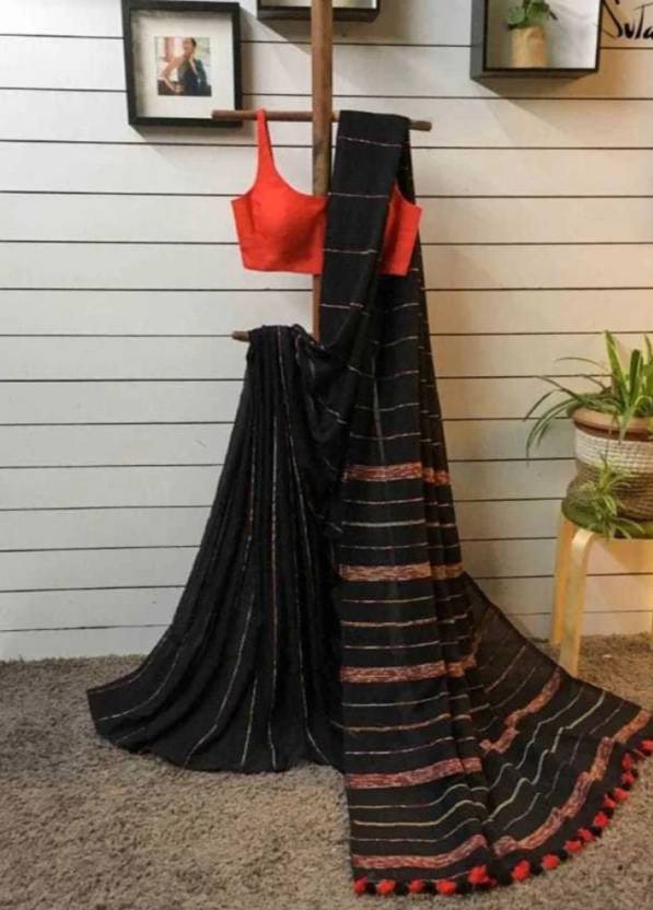 Buy SUNDORI Striped Bollywood Cotton Blend Black Sarees Online @ Best ...