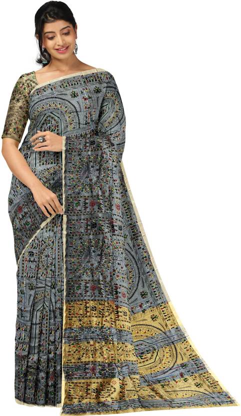 Buy Maa laxmi saree center Polka Print Handloom Pure Cotton Grey Sarees ...