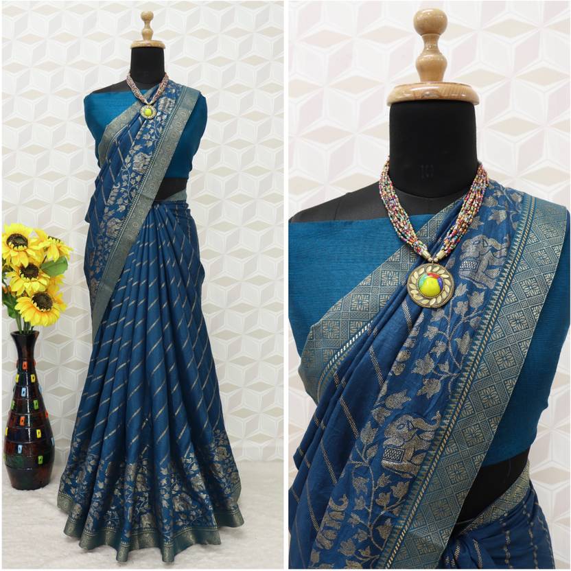 Buy QENY Self Design Banarasi Art Silk Dark Blue Sarees Online @ Best ...
