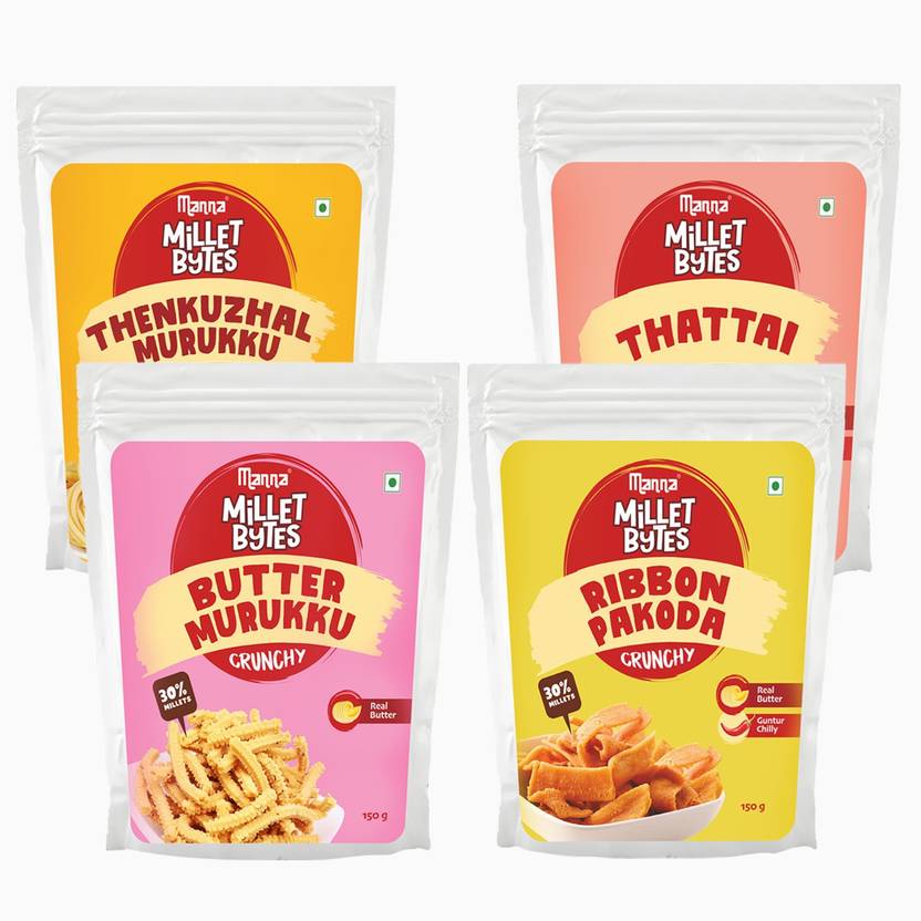 Manna Millet Bytes Indian Snacks Pack of 4, with Millets, Real Butter ...