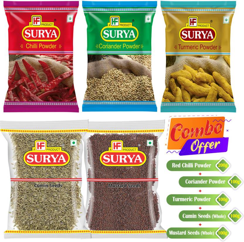 Surya Mirchi 200g (Haldi ,, Dhaniya ,, Jeera whole,,Rai whole )100g ...