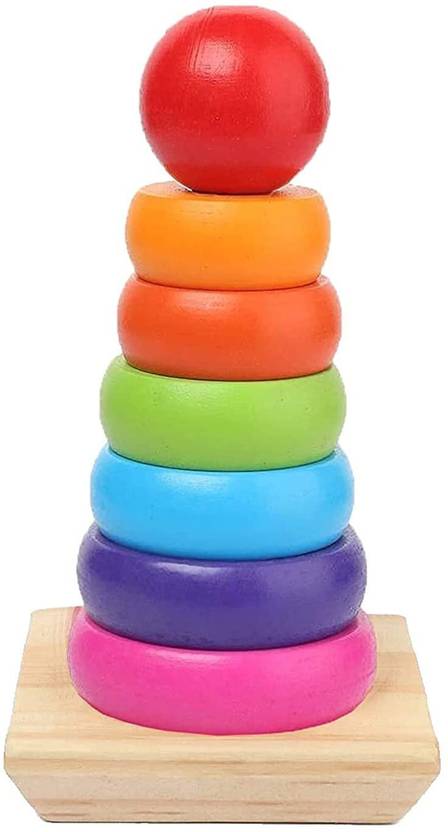 NONU Wooden Rainbow Rings Tower; Geometric Shape Recognition Sorting Learning Toy - Wooden ...