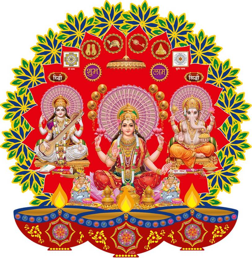god & god's Laxmi Ganesh & Saraswati Ji with Red Background Large Self ...
