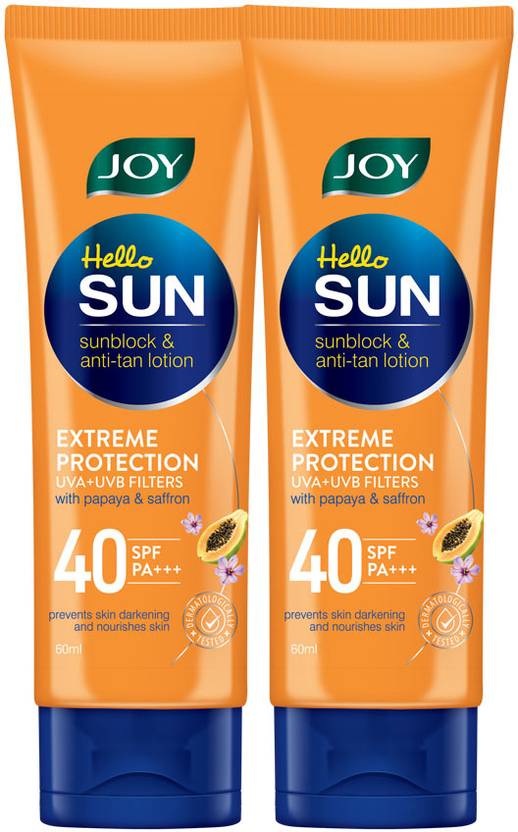 Joy Hello Sun Sunblock & Anti Tan Lotion Sunscreen (2X60ml) - SPF 40 PA ...