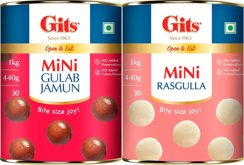 Gits Open & Eat Indian Mithai (Mini Gulab Jamun Tin + Mini Rasgulla Tin ...