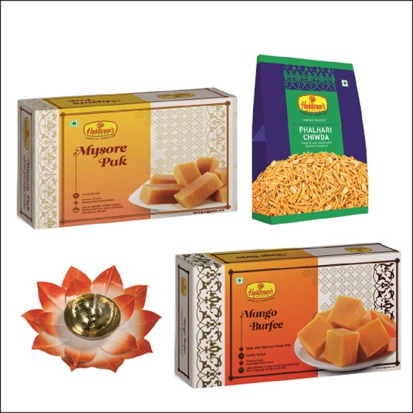 Haldiram's Nagpur Mysore Pak 500g, Mango burfee 250g, Phalhari Chiwda ...