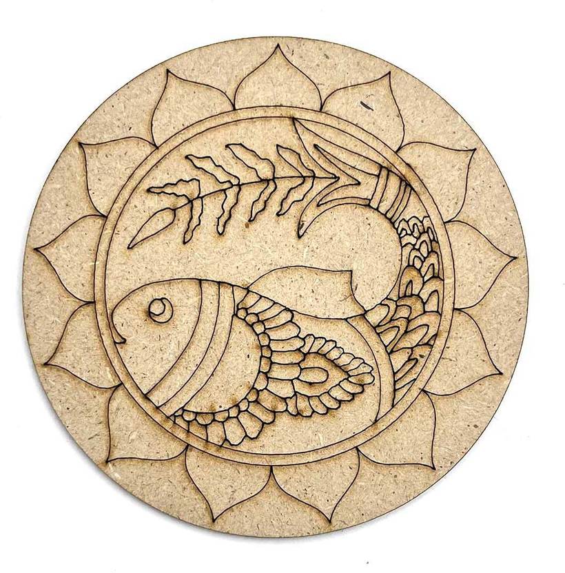 ADIKALA Round Shaped MDF Engraved Madhubani Fish Design Coaster DIY 4 ...