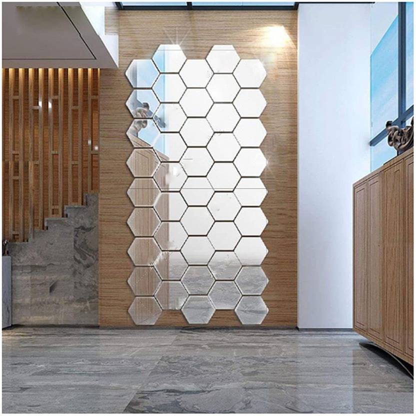 Bikri Kendra Hexagon 45 Silver Wall Mirrors Stickers For Hall Living