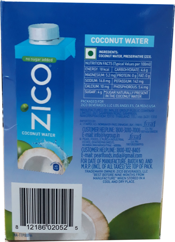 Coconut Water Nutrition Facts Zico