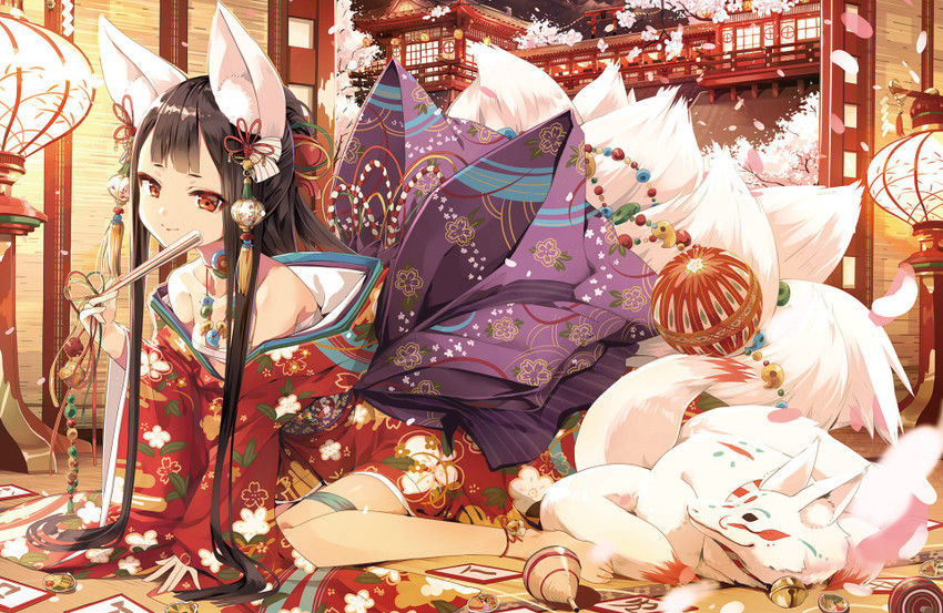 Anime Girl With Black Hair And Red Eyes In Kimono