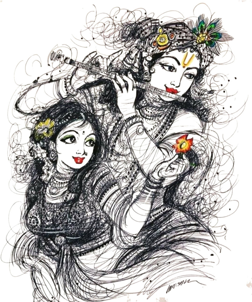 Radha Krishna On Swing Pencil Sketches