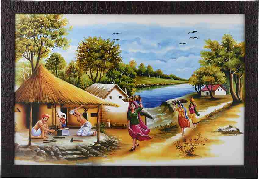 Indian Village Scenery Drawing