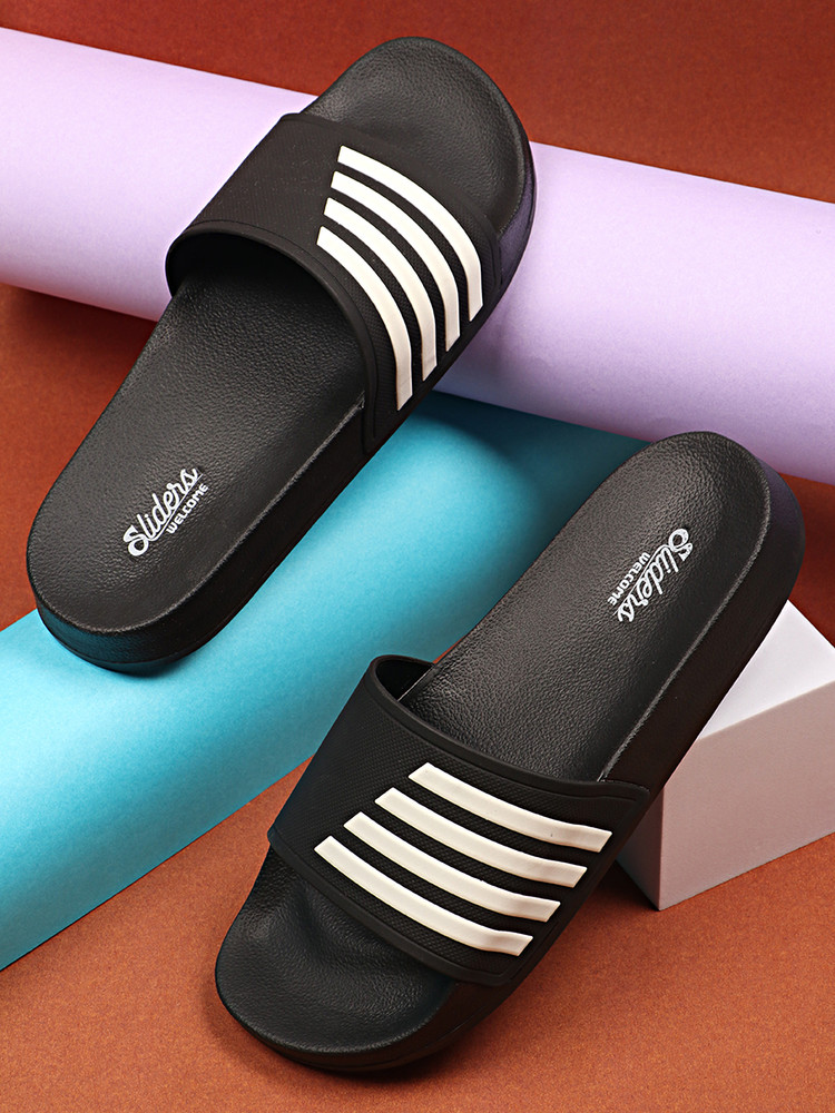 Black Striped Sliders For Men, 45% OFF